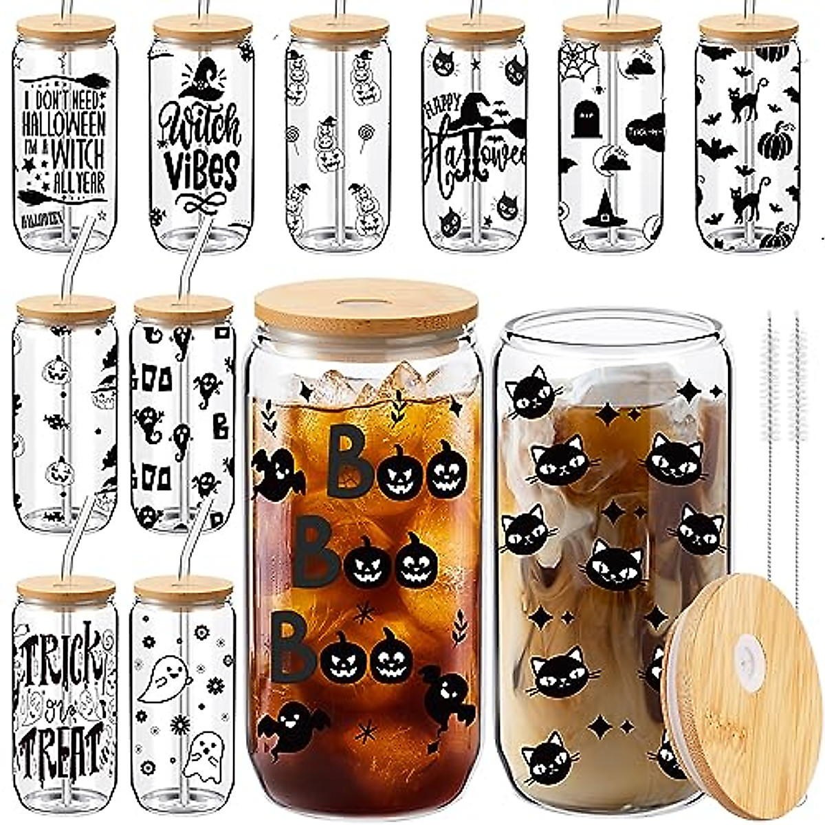 Dandat 8 Pack Halloween Glass Cups 16 oz with 12 Pcs Sublimation Picture for DIY Blank pumpkins Iced Coffee Beer Can with Lids and Straws Tumbler Mason Jar Cups Mug Drinking Borosilicate Glass