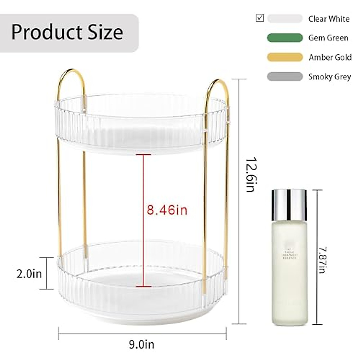 YCIA&DONE 360 Rotating Makeup Organizer and Storage for Vanity Countertop 2 Tiers, High Capacity Cosmetic Skincare Perfume Organizer for Dresser Bathroom Lazy Susan Organizers(Clear White)