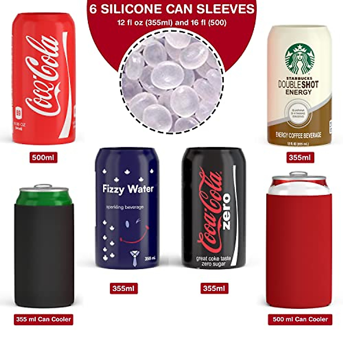 Klassia 6 Pack Can Covers That Look Like Soda, Silicone Can Sleeve with Coozy for Cans Tallboy Koosies Cooler fit all 12FL, 16FL OZ Can, Golf Accessories, Christmas Stocking Stuffers Gifts for Men