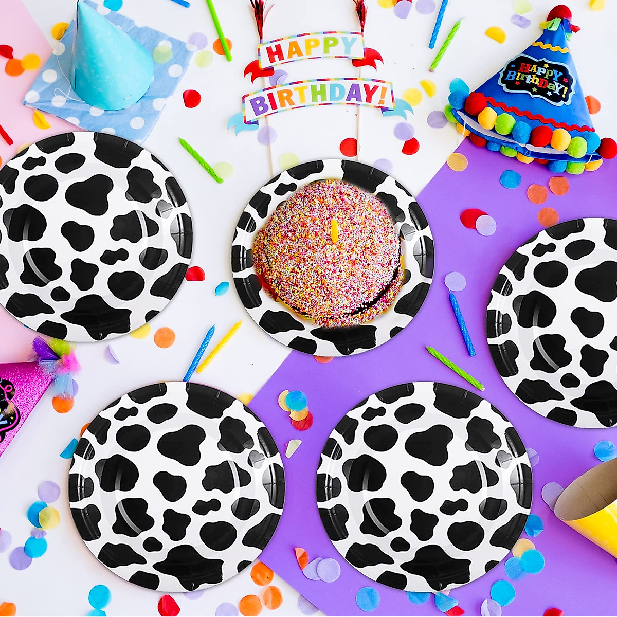 patscorai 100 Pcs Cow Print Plates 7 Inch Cow Print Paper Party Supplies Disposable Dinner Dessert Plate Cow Theme Birthday Party Baby Shower Picnic Decorations (White)