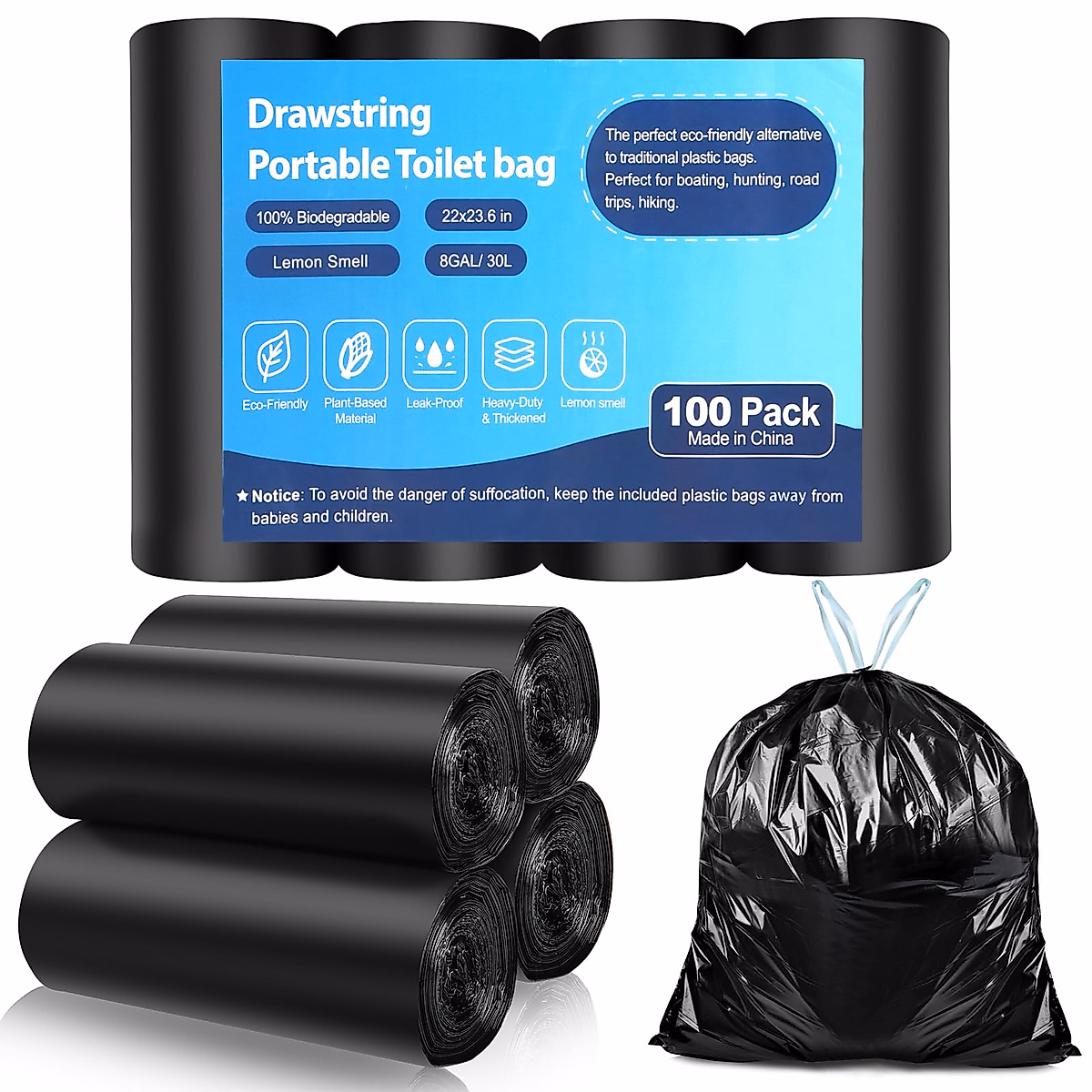 100 Portable Toilet Bags, Drawstring Biodegradable Camping Potty Bags 8 Gallon Camping Toilet Waste Bags for 5-8 Gallon Bucket Toilet Adults Outdoor Camping Car