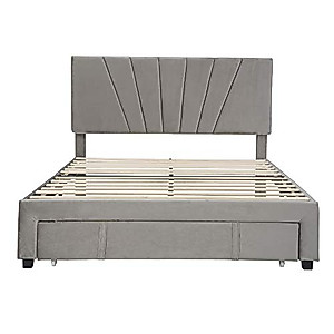 Rhomtree Queen Size Bed Frame with 1 Big Storage Drawer, Velvet Upholstered Storage Bed Frame, Easy Assembly, Queen Size Frame (Gray)