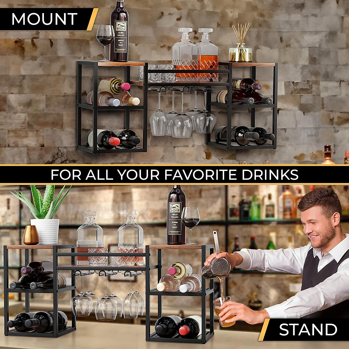 Wine Bottle and Glass Holder - Wine Rack Wall Mounted - Table Top Wine Glass Rack - Hanging Wall Mount Wine Rack Shelf - Wine Bottle Holder Stand Countertop - Small Wall Wine Racks for Wine Bottles