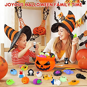 50PCS Halloween Mochi Squishy Toys with Halloween Pumpkin Bucket Halloween Party Favors Trick or Treat Goodie Bag Filler Halloween Decorations Kawaii Squishy Halloween Toys Gifts for Boy Girl Random