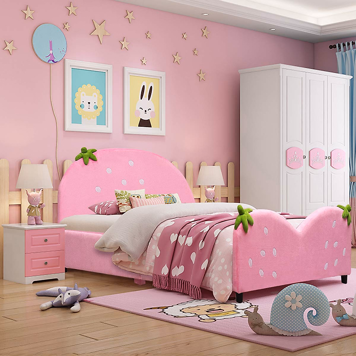 Costzon Twin Bed Frames for Kids, Wood Upholstered Twin Bed Platform with Slat Support, Padded Headboard&Footboard, No Box Spring Needed, Easy Assembly, Fits Standard Twin Mattress (Strawberry)