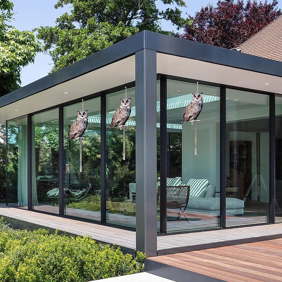 kungfu Mall Owl to Keep Birds Away, 3 Pack Bird Scare Owl Fake Owl, Reflective Hanging Bird Decoration, Effective Bird Control Device to Keep Birds Pigeon Woodpecker Away from Patio Garden