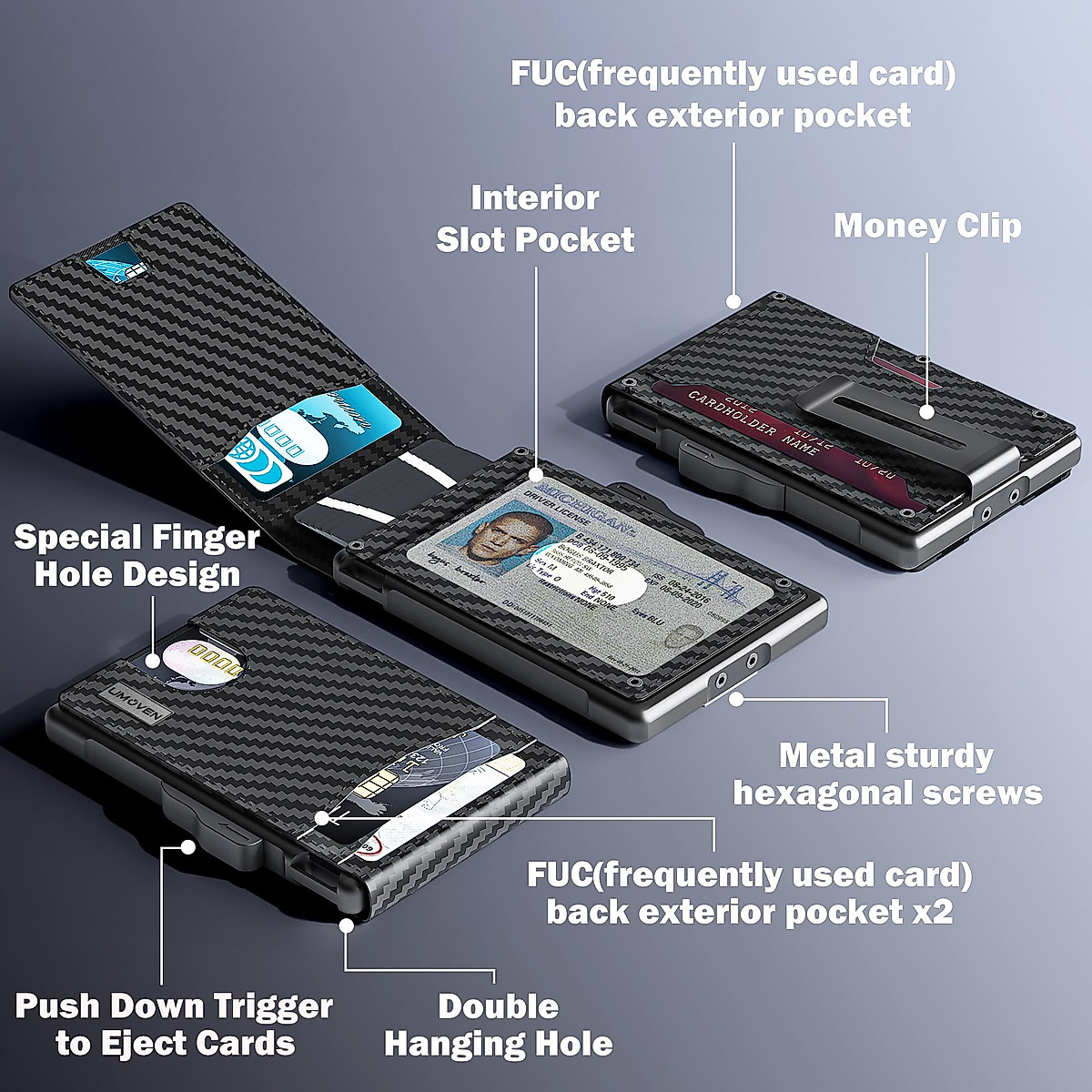 umoven Wallet for Men - Slim Leather RFID Blocking Bifold Minimalist Wallet with Metal Pop-Up Card Holder, Money Clip, Credit Card Slots - Men's Wallet, Carbon Fiber