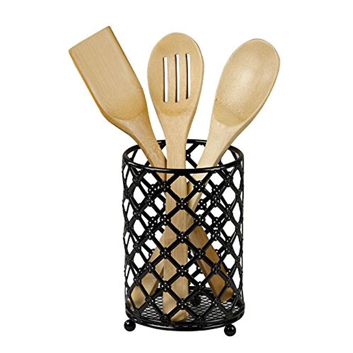 Home Basics Beautiful Heavy Duty Steel Lattice Cutlery Holder, Utensil Organizer, Rust-resistant, Free Standing, Black, 5" x 5" x 7"