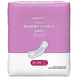 Amazon Basics Incontinence, Bladder Control & Postpartum Pads for Women, Maximum Absorbency, Long Length, 39 Count, 1 Pack (Previously Solimo)