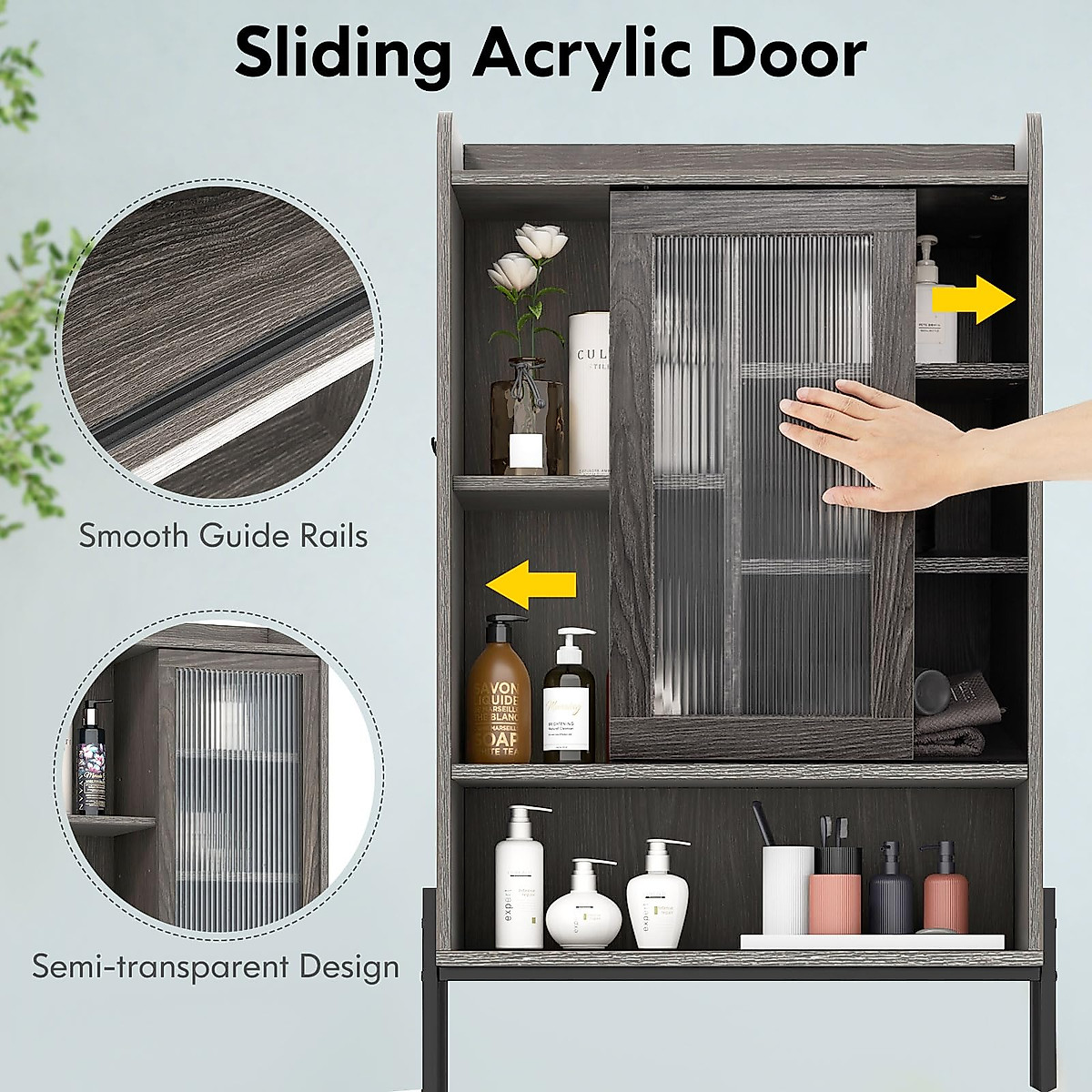 Tangkula Over The Toilet Storage Cabinet, Bathroom Space Saver Above Toilet with Sliding Acrylic Door & Metal Frame, Freestanding Bathroom Organizer with Adjustable Shelves for Bathroom Laundry