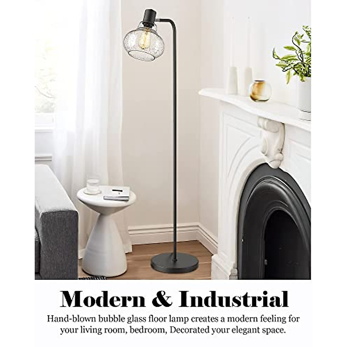 ELYONA Industrial Floor Lamp, Modern Standing Light with Handblown Seeded Bubble Glass Shade, Tall Pole Farmhouse Corner Light for Living Room Bedroom Office, Edison 6W Bulb Included, Black