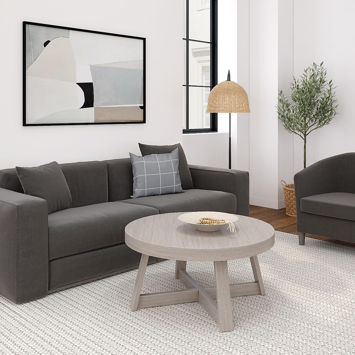 Plank+Beam Classic Round Coffee Table, 36" Farmhouse Coffee Table, Mini Center Tables for Small Spaces, Small Living Space Tea Table, Seashell Wirebrush