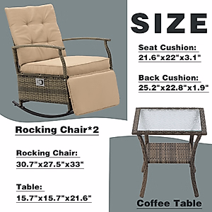 CATMIX Outdoor Rocking Chairs, Adjustable Rattan Recliner Chairs PE Wicker Patio Furniture Set Outdoor Recliner Chairs Furniture Set with Soft Thick Cushion, Removable Glass Tabletop, Beige…