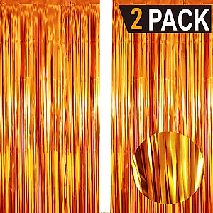 GOER 6.4 ft x 9.8 ft Metallic Tinsel Foil Fringe Curtains,Pack of 2 Party Streamer Backdrop for Birthday,Graduation Decorations and New Year Eve (Orange)