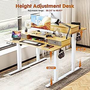 Sweetcrispy Electric Standing Desk Adjustable Height Stand Up Desk, 63 x 24 Inch Sit Stand Desk Adjustable Desk, Home Office Computer Desk with Storage Shelf, Double Drawer, Splice Board, Oak Desktop