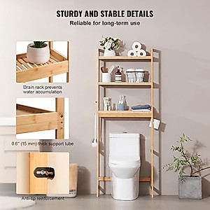 VEVOR Over The Toilet Storage, 3-Tier Adjustable Over Toilet Bathroom Organizer, Bamboo Storage Shelf Rack with 3 Hooks, Freestanding Easy Assembly Laundry Space Saver, Fit Most Toilets