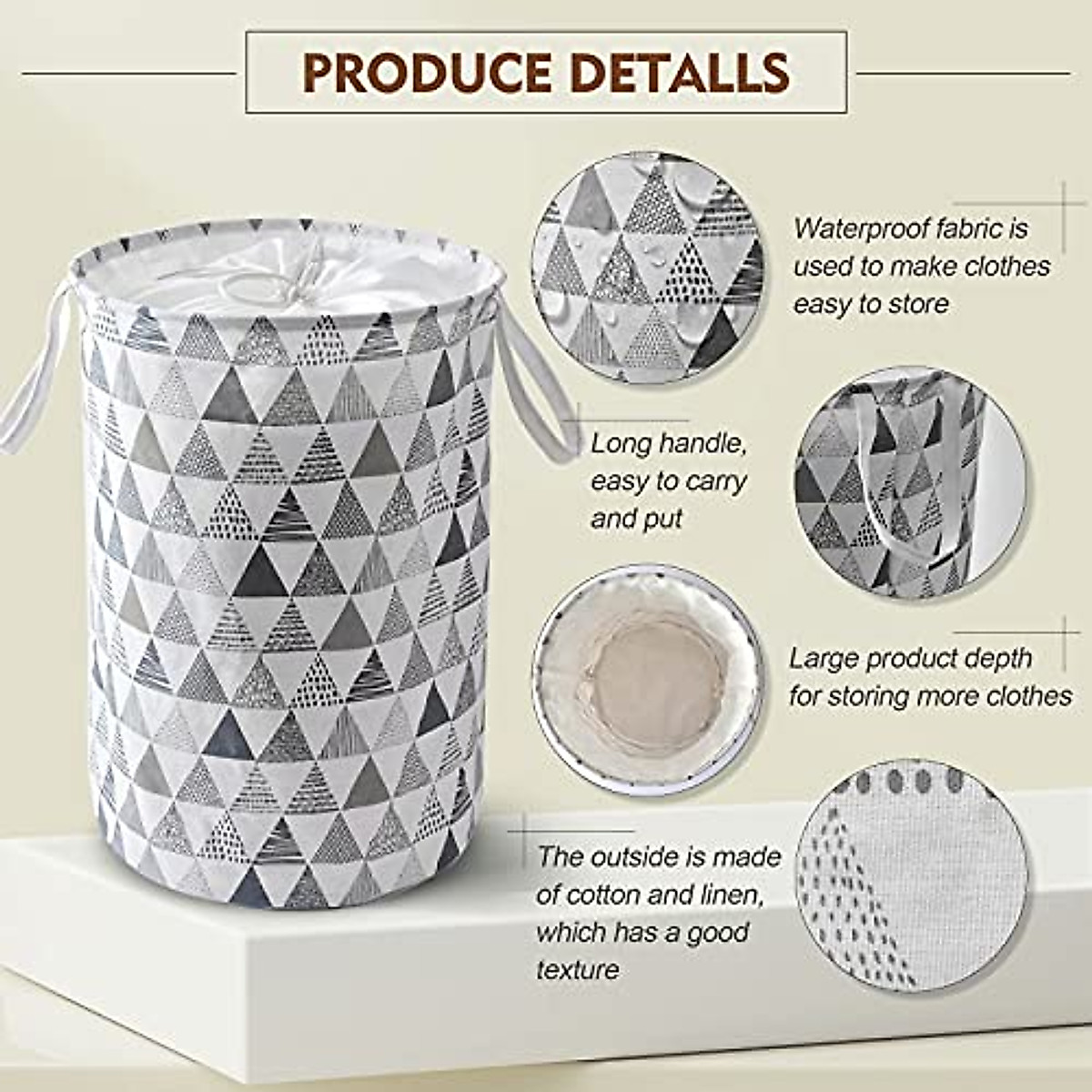 23“ Extra-Large Freestanding Laundry Basket with Lid Waterproof Foldable Laundry Canvas Hamper with Extended Handles(White Triangle)