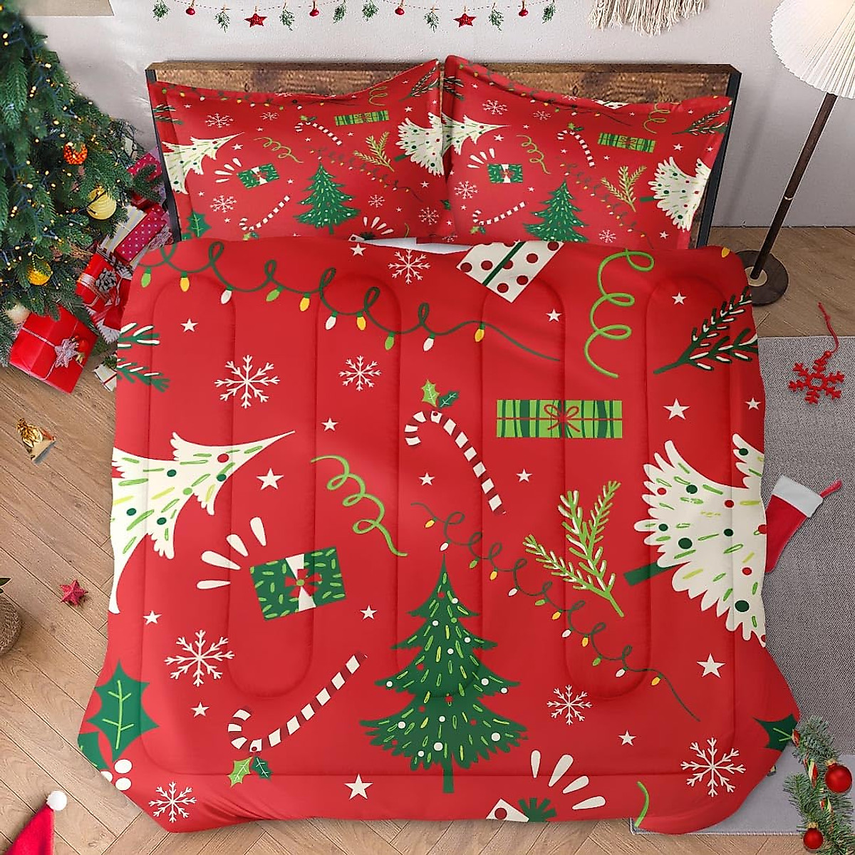 WeCozy Twin Size Comforter Set with Pillowcase, Red Merry Christmas Green Tree Soft 2 Pcs Bedding Set for Kids and Adults Bedroom Bed Decor