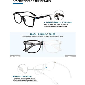 livho 2 Pack Blue Light Blocking Glasses, Computer Reading/Gaming/TV/Phones Glasses for Women Men,Anti Eyestrain & UV Glare (Light Black+Clear)