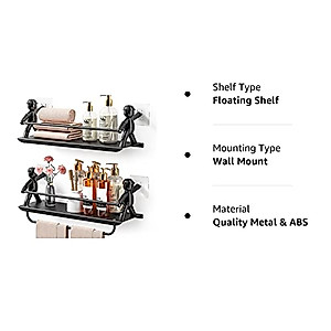 coorack Shower Caddy Floating Wall Shelves, COORACK 2 Pack Metal Hanging Shelf No Drilling Adhesive Wall Mounted Bathroom Shelf Black Floating Shelves Floating Shelves