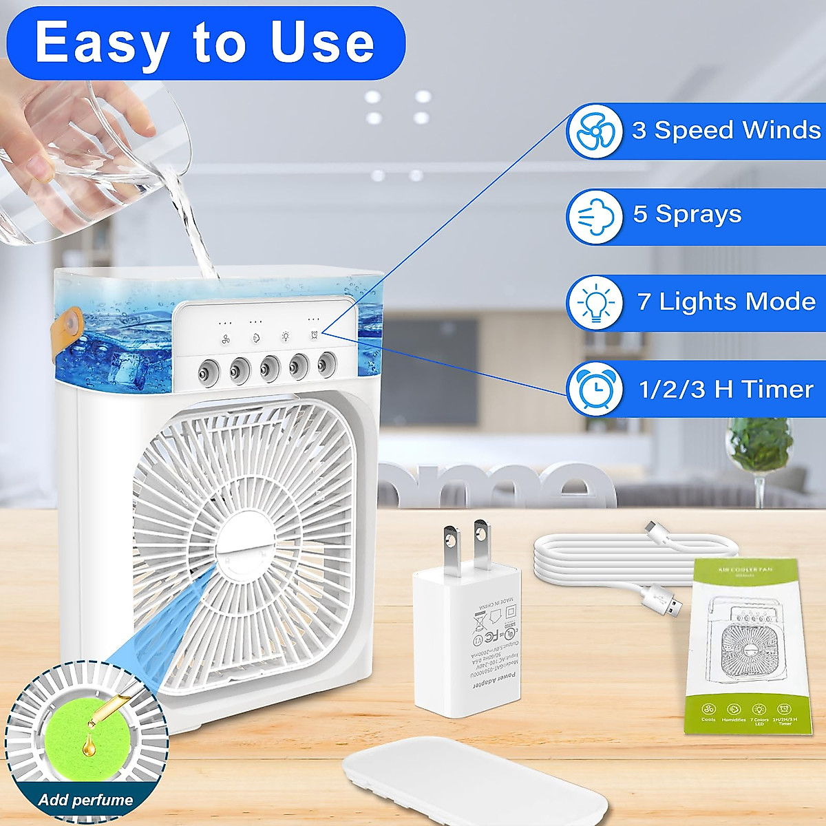 Portable Air Conditioners - Small Portable AC Quiet Personal Air Cooler,USB Powered Mini Desktop Cooling Misting Fan, 1/2/3 H Timer, 3 Speeds,360°Adjustment,for Office, Home, Room,Desk,Car - White