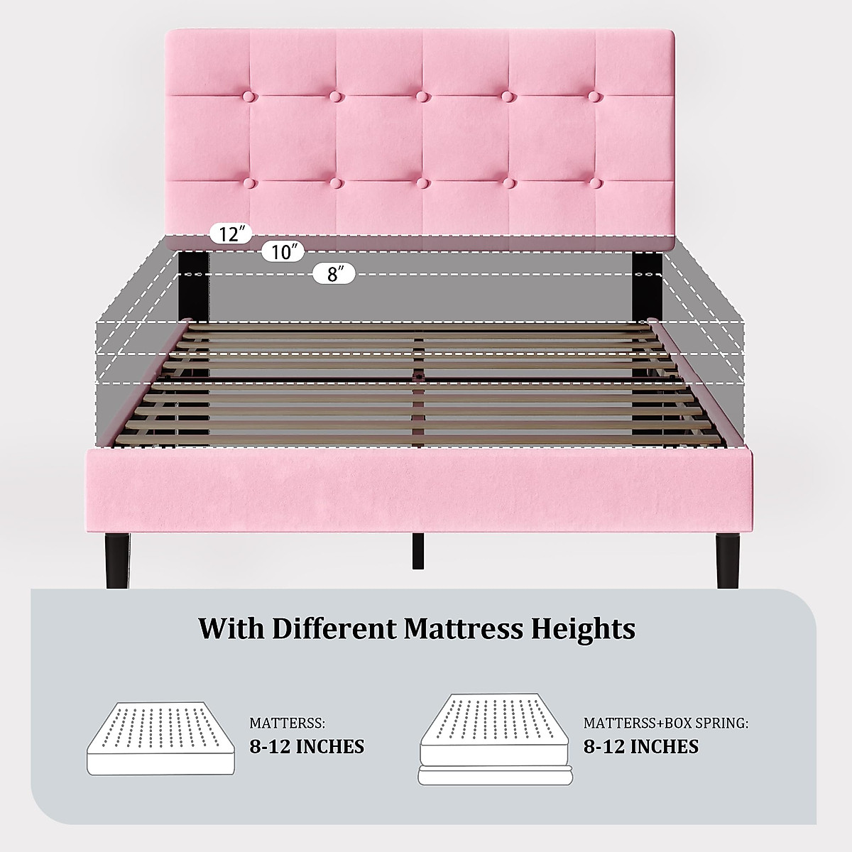 UNIZONE Full Size Bed Frame with Button Tufted Upholstered Headboard, Velvet Platform Bed with Wood Slats Support, Mattress Foundation, No Box Spring Needed, Easy Assembly, Pink