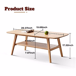 Vadisun 2-Tier Coffee Table with Storage Shelf, Natural Color 100% Solid Wood Table for Living Room, Elegant Furniture for Small Apartment (Natural, 39.37“ x 19.69” x 17.32“)