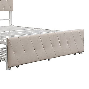 MERITLINE Full Size Metal Bed, Platform Bed Frame with Upholstered Headboard and Footboard, Platform Bed with Drawer Storage No Box Spring Needed ( Beige)