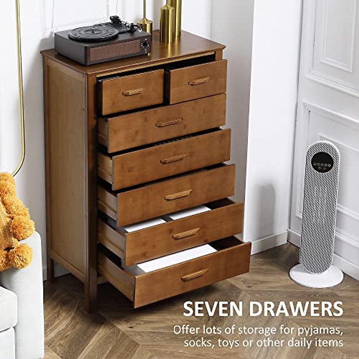 HOMCOM Tall Dresser for Bedroom, 7 Drawer Dresser, Chest of Drawers with Bamboo Frame, Brown