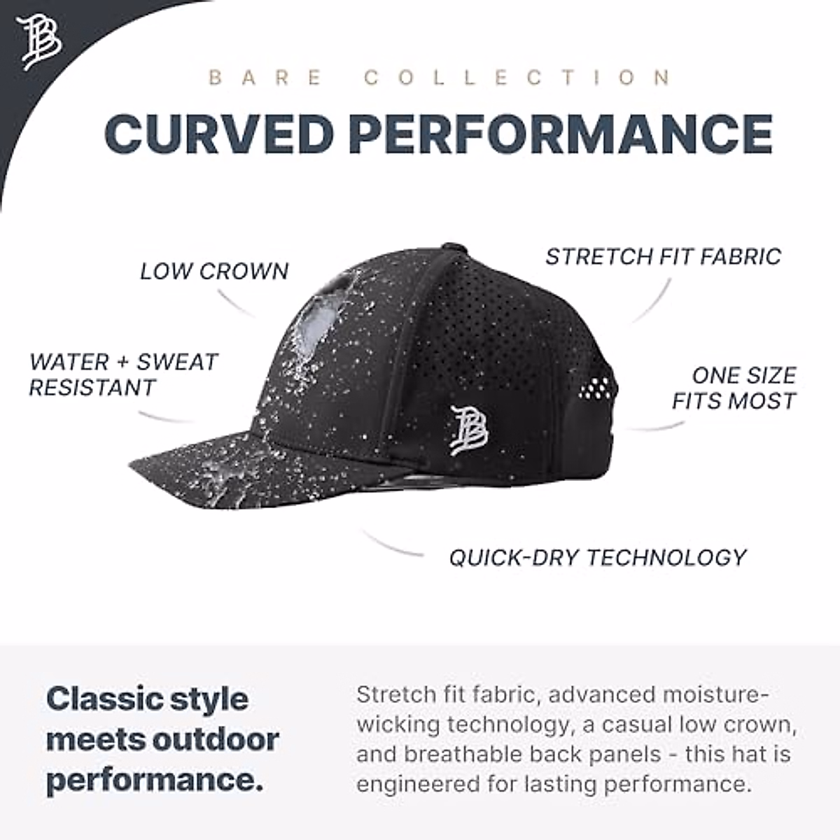Branded Bills Bare Curved Performance Hat, Black, Fits 7-8, with Flexfit Sweatband, Adjustable Velcro Closure, Fitted Style | Lightweight, Comfortable Stretch, Quick Dry & Water Repellent Baseball Cap