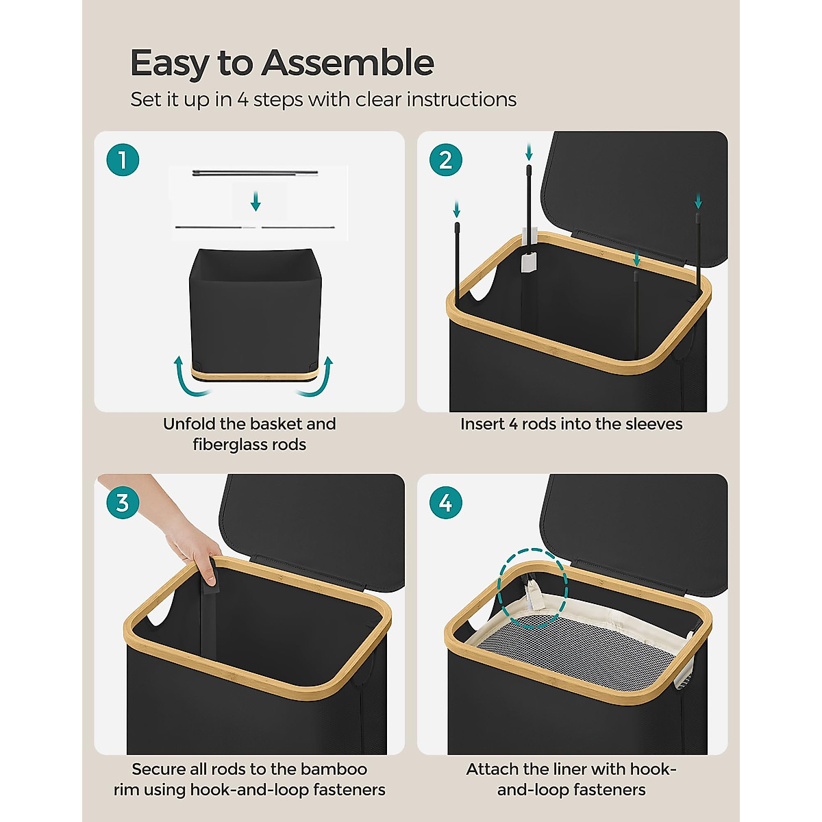 SONGMICS Laundry Hamper with Lid, Large Laundry Basket, 23.8 Gallons (90L), Removable Mesh Liner, Bamboo Handles, Collapsible, 16.5 x 12.6 x 27.8 Inches, Ink Black ULCB509B01