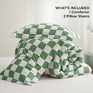 Bedsure Green Checkered Comforter Set - Bedding Comforter Set Queen, Green White Fluffy Grid Plaid Comforter, 3 Pieces, Includes 1 Comforter (90"x90") and 2 Pillow Shams (20"x26"+2")