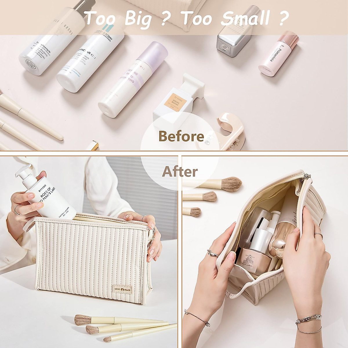 GMELOV Small Compact Large Capacity Makeup Bag Cute Aesthetic Cosmetic Bags for Travel Essentials Organizer Waterproof Soft Leather Makeup Bag Zipper Pouch Portable Toiletry Bag for Women