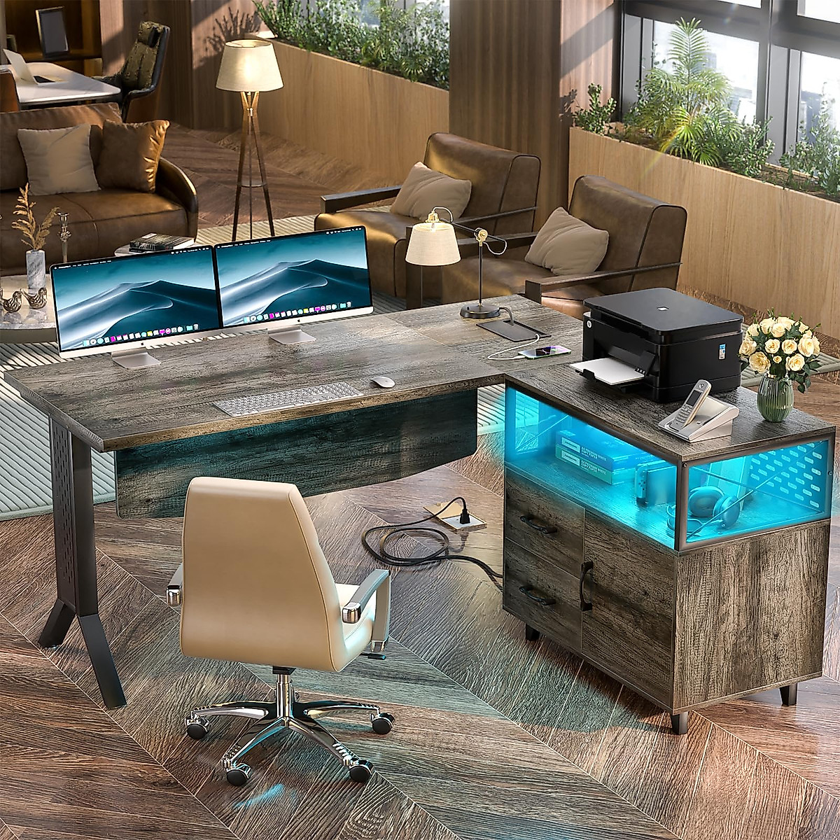 Homieasy L Shaped Office Desk with Storage Cabinet and Recessed Power Strip LED Strip, 55 Inch Thickened Heavy Duty Executive Computer Desk with 2 Drawers and 1 Door Cabinet, Black Oak F15