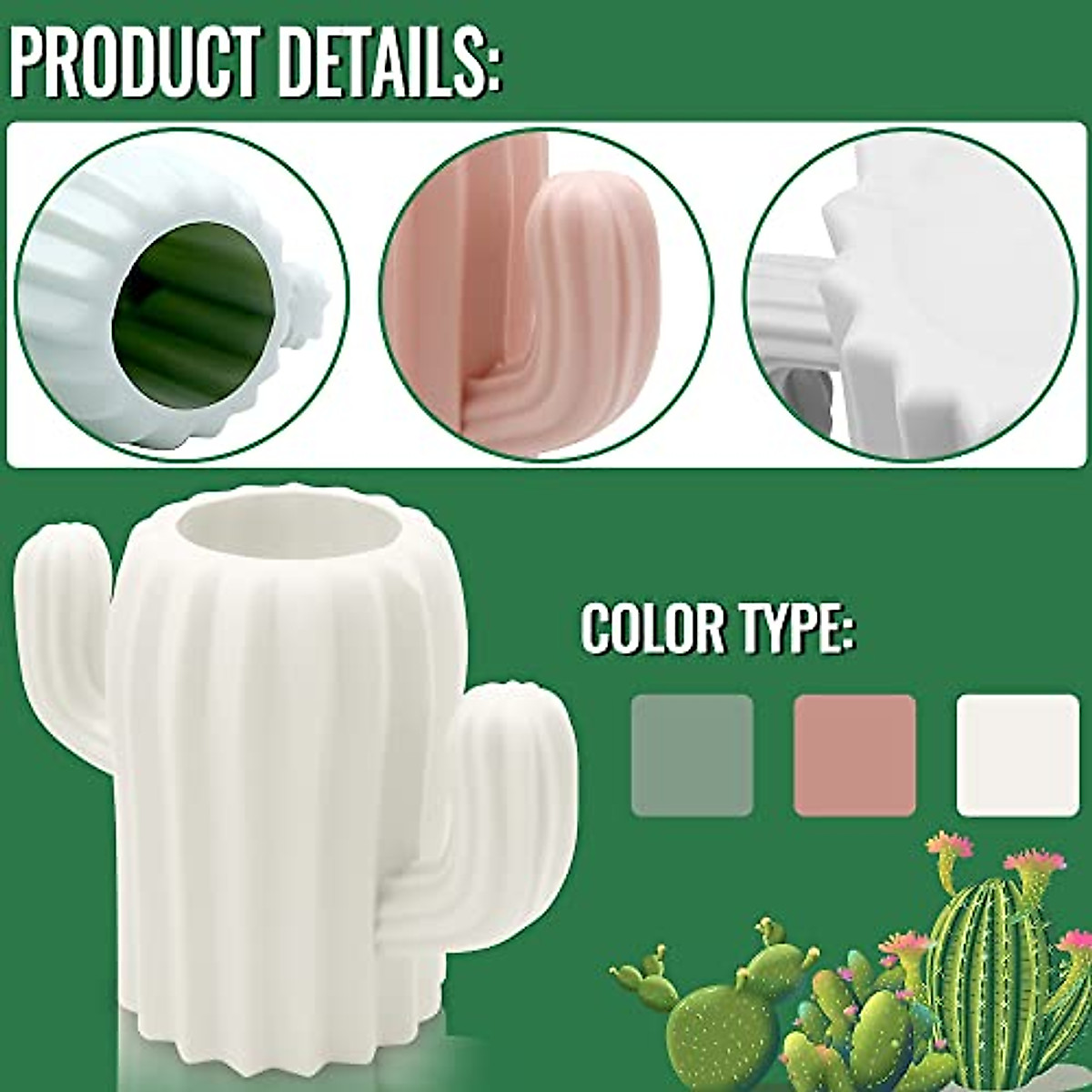 LeonBach 3 Pack Cactus Cute Pencil Holders, Pen Cup Cactus Storage Containers Cactus Office Decor Desk Accessories, Pink & White & Green
