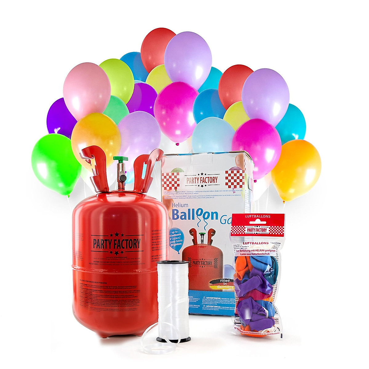 Party Factory Helium Tank for up to 30 Balloons incl. Latex Balloons, Helium Cylinder 7 cu. ft. Gas with filling quantity for Balloons, Ideal for Birthday Party, Wedding