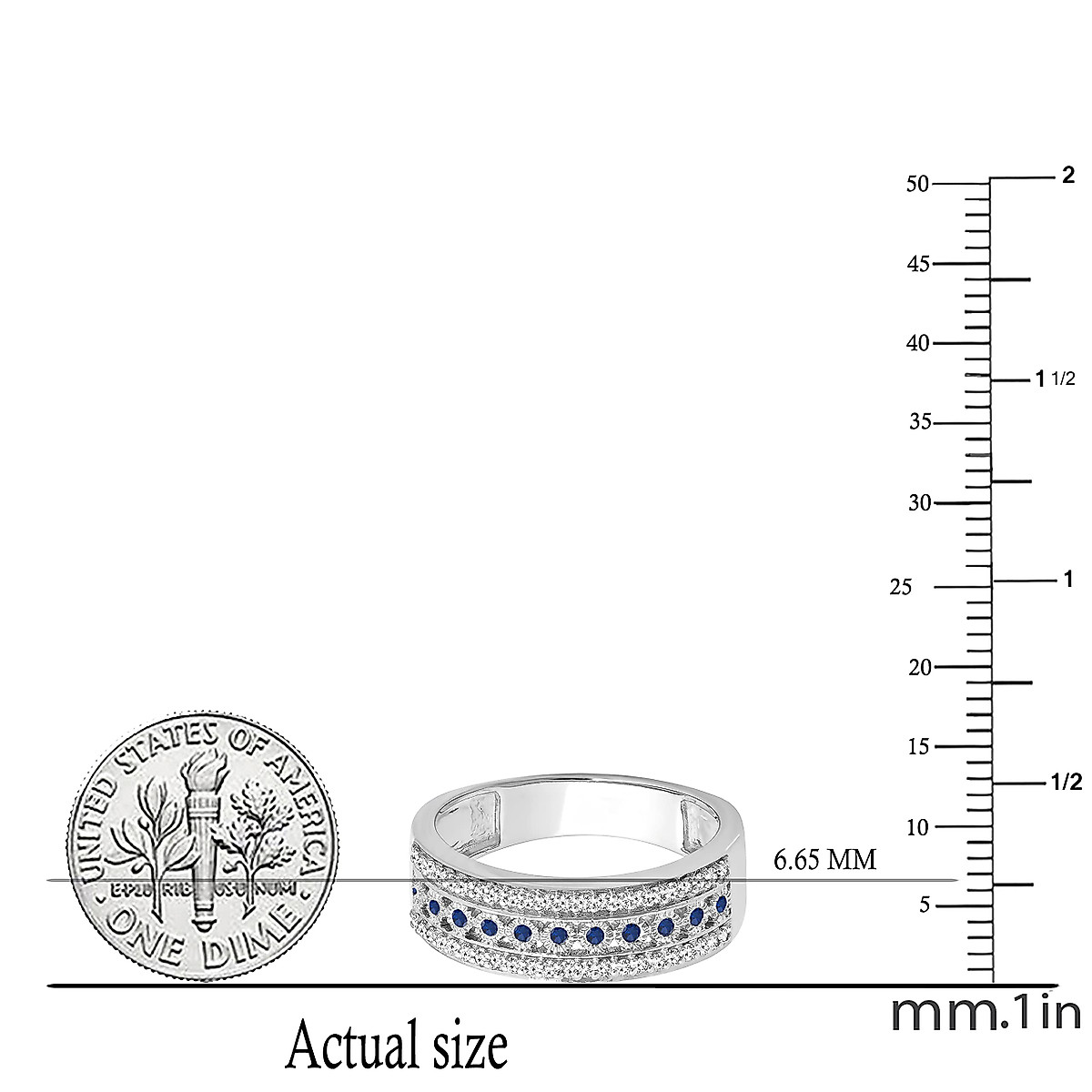 Dazzlingrock Collection Round Blue Sapphire & White Diamond Ladies Anniversary Triple Row Thick Fancy Wedding Band | 10K White Gold, Size 7