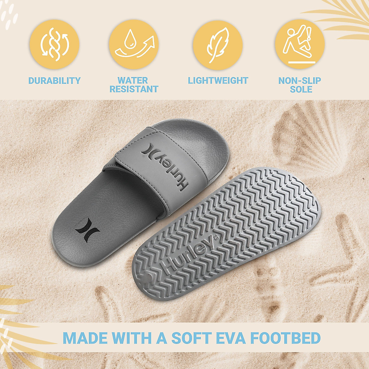 Hurley Naia Slides for Girls and Boys, Slip-On Kids Slippers with Adjustable Strap, Kid's Sandals for Indoor and Outdoor, Adjustable Sporty Slides for Kids, Eva Footbed Shower Slides, Grey