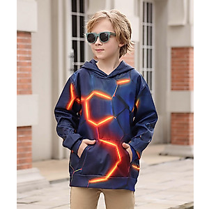 Ahegao Boys Navy Blue Hoodies for Kids 3D Printed Red Fire Pullover Sweatshirts With Big Pocket 6 7 8 Years Old Little Girls Casual Sports Shirt Sweater Children Winter Hoody Clothes