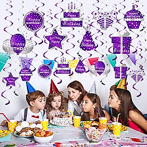 30Pcs Purple Silver Happy Birthday Decorations Hanging Swirls Party Supplies, Happy Birthday Foil Swirl Decor for Women Girls, 10th 16th 18th 21st 30th 40th 50th 60th Ceiling Swirl Sign
