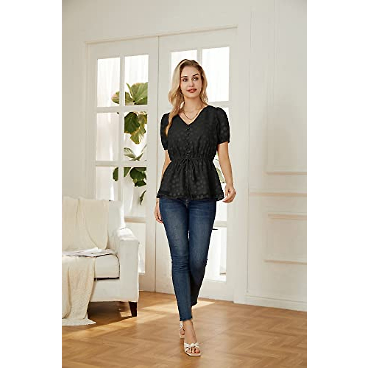 GRACE KARIN Women's Peplum Tops 2023 Summer V Neck Ruffle Short Sleeve Blouse Jacquard Flowy Shirt Tunic Top Black