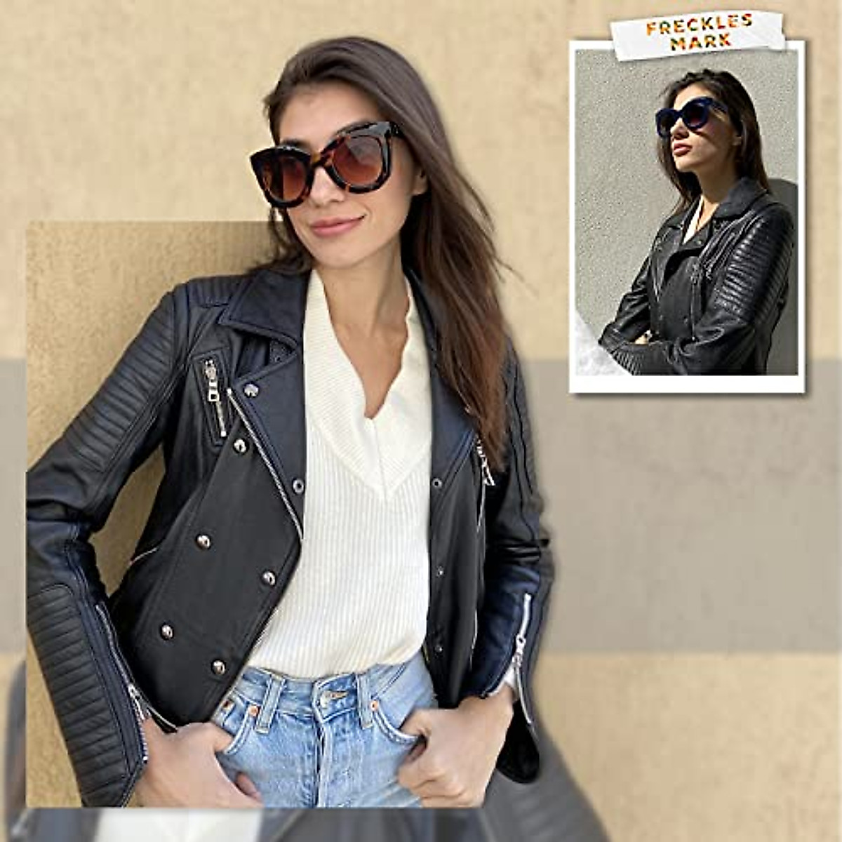 Freckles Mark Thick Fashion Butterfly Sunglasses for Women Trendy Round Cat Eye Sun Glasses (Tortoise Brown+Black, 45)