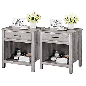 GAOMON Rustic Grey Nightstands Set of 2, Farmhouse End Table Beside Table with Storage Drawer, Modern Night Stand for Bedroom, Wood Side Table for Living Room, College Dorm