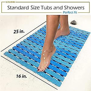 LuxurYou Non Slip Bathtub Mat | Double-Layered Shower Floor Mat with Suction Cups | EZ-Dry Construction | Non-Toxic, BPA, Latex, Phthalate, PVC Free (Wave)