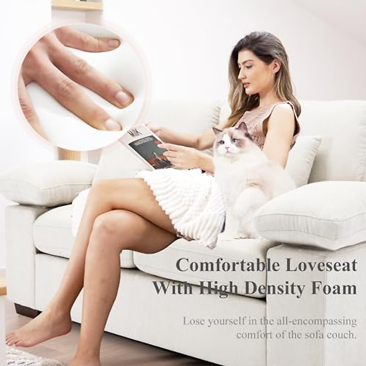 Loveseat Sofa Couch 73", Chenille Love Seat Couch Sofa with Removable Back Seat Cushions, Upholstered Living Room Sofa with 2 Throw Pillows 1 Lumbar Pillow, Sofa for Small Space Apartment Lounge-Beige