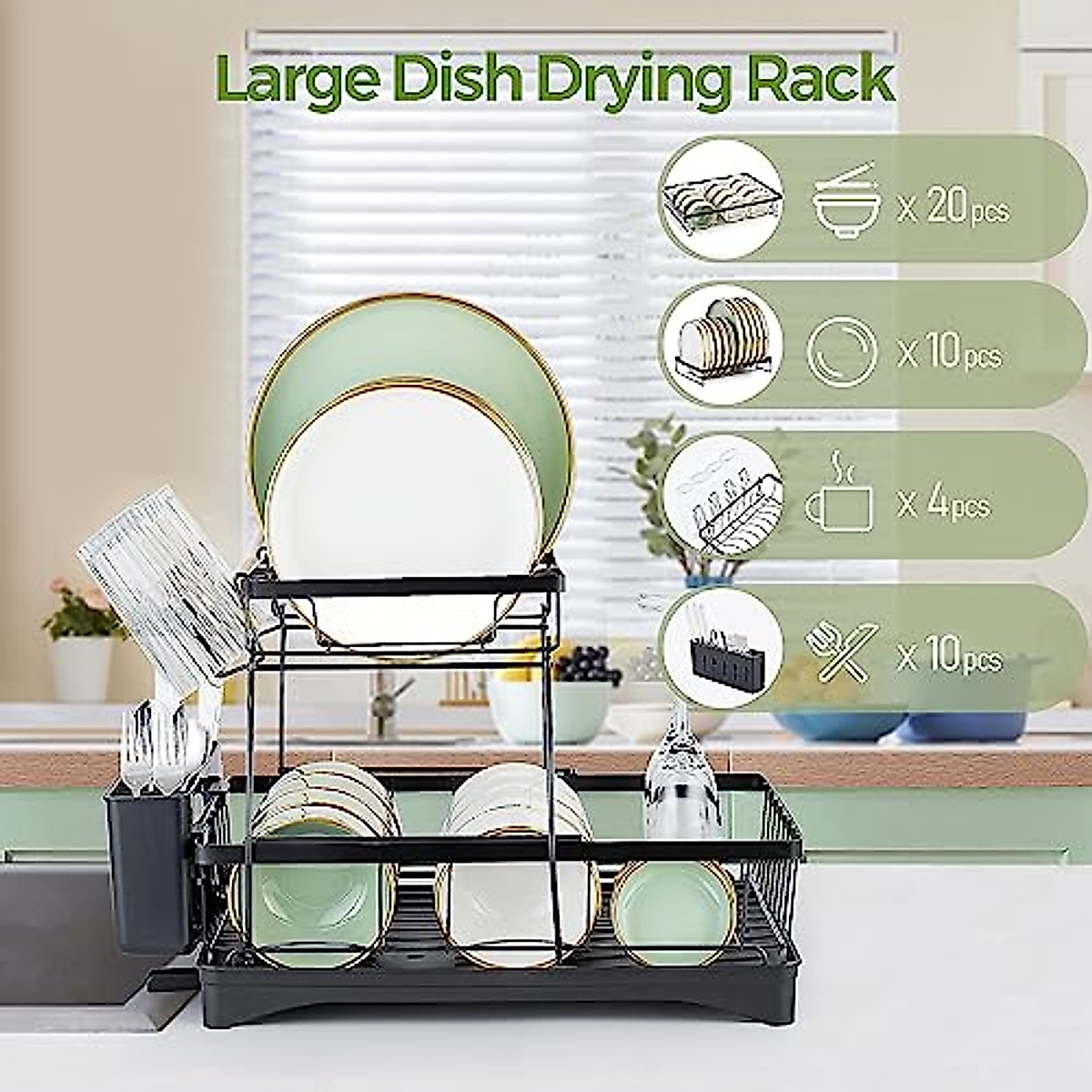 Dish Drying Rack, Dish Rack for Kitchen Counter, Over Sink Dish Drying Rack with Drain Board, 2-Tier Large Capacity Dish Drainer Organizer Shelf with Utensil Holder, Wine Glass Holder - Black