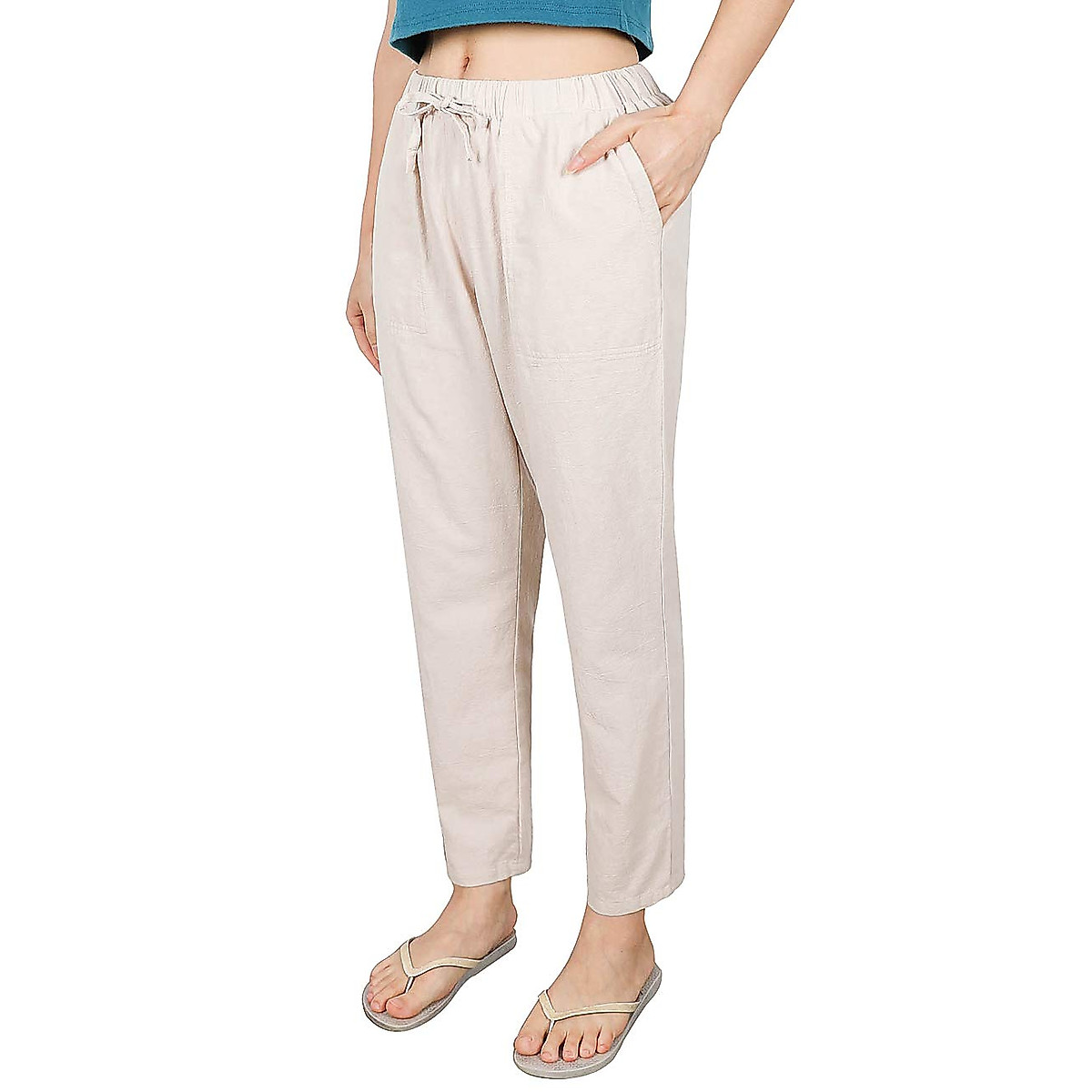 Women's Drawstring Linen Pants Women Elastic Waist Soft Cotton Cropped Linen Pant Large Khaki