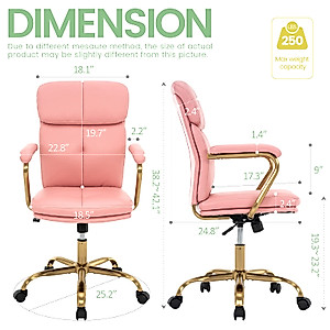 MFD LIVING Home Office Chair, Modern Upholstered Mid-Back PU Leather Task Desk Chair with Arms, Adjustable Rocking Swivel Computer Chair with Wheels (Pink)