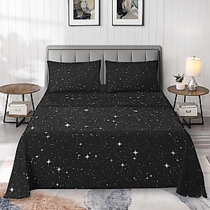 Pamnest 4 Pieces Queen Size Bed Sheet Sets, Space Starry Deep Soft Microfiber Bedding Sets for Kids and Adults Bedroom Bed Decor, Black Star Sky Flat Sheet, Fitted Sheet and 2 Pillowcases