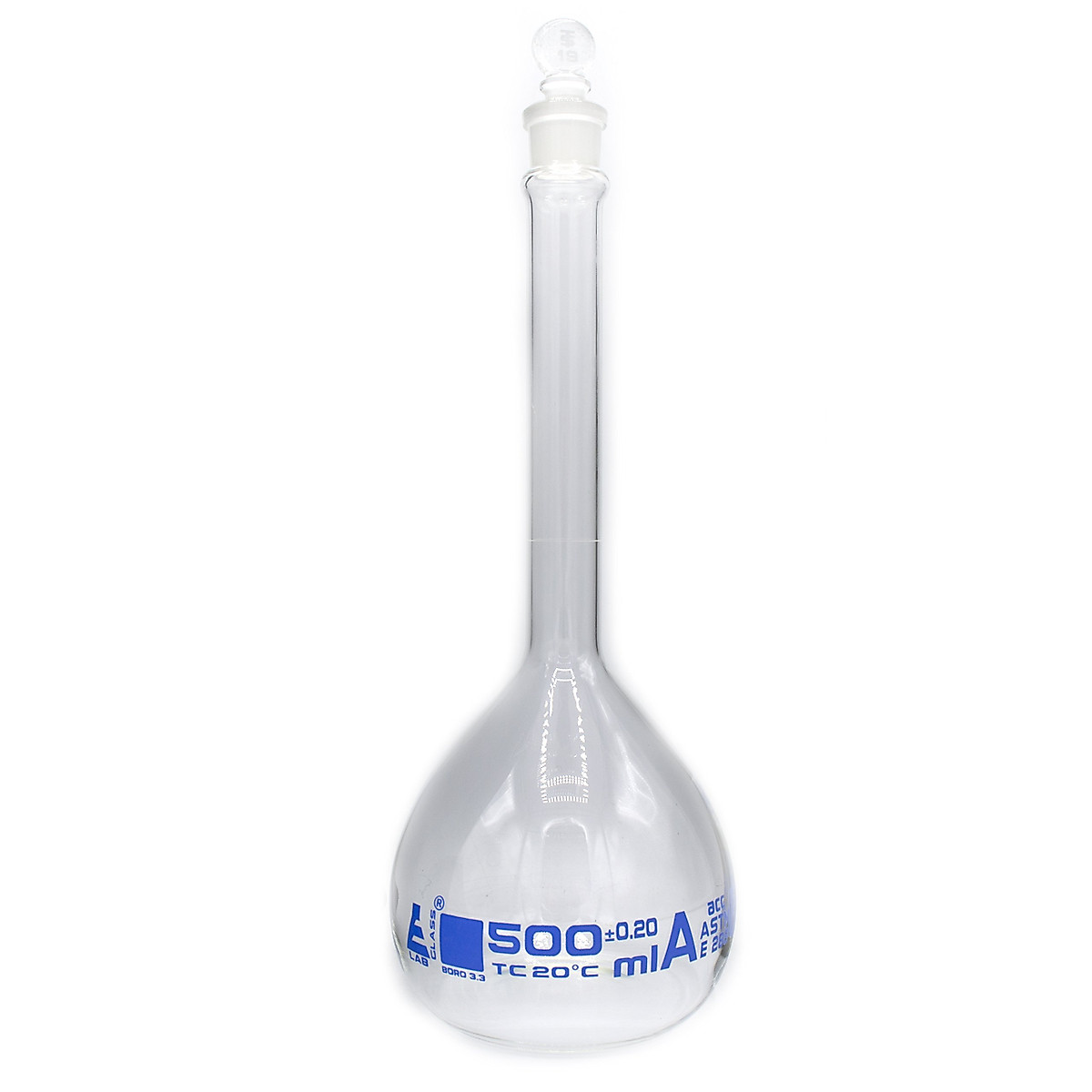 EISCO Volumetric Flask, 500ml - Class A, ASTM - Tolerance ±0.200 ml - Glass Stopper - Single, Blue Graduation